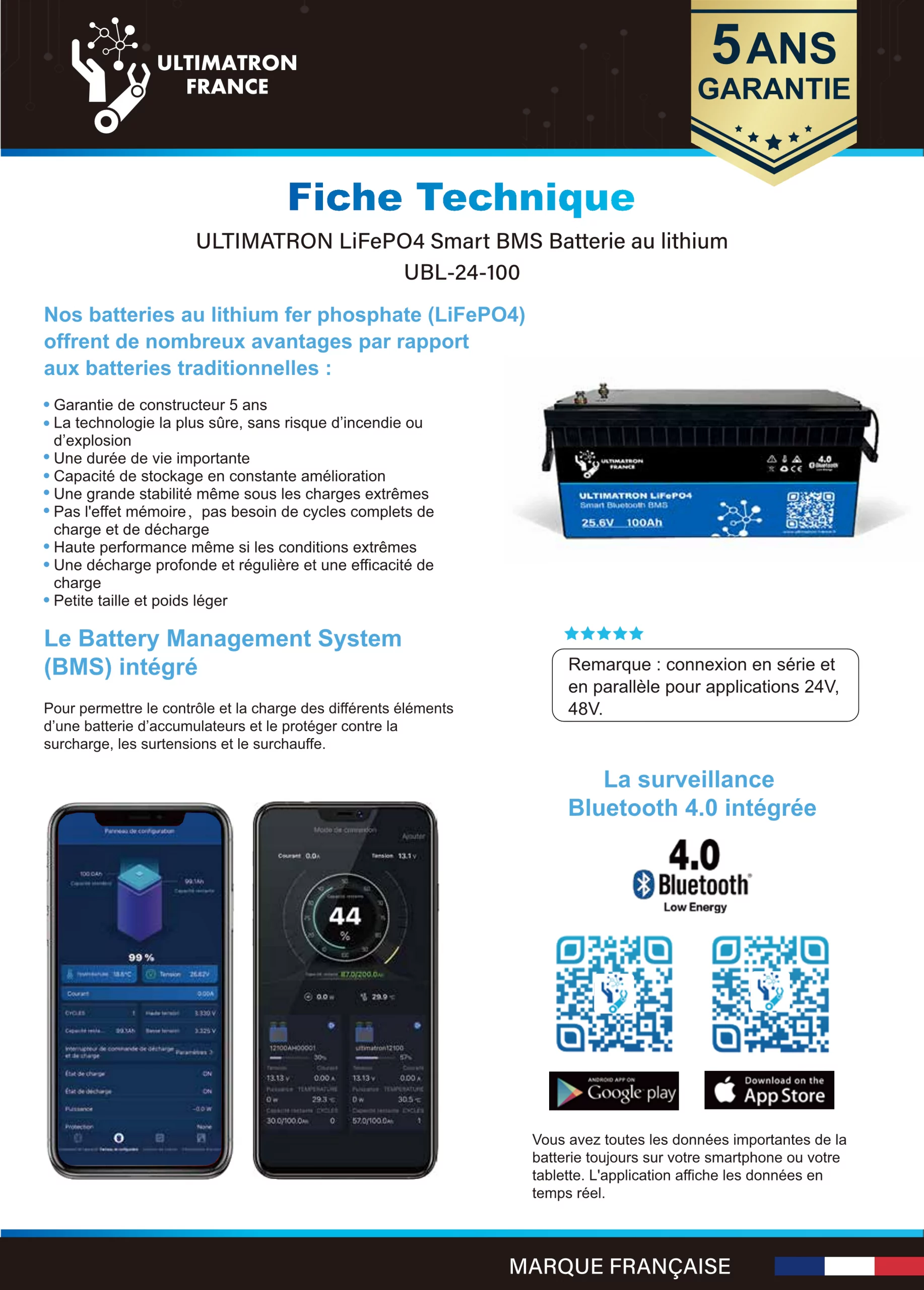 Ultimatron Batterie Lithium 25.6V 100Ah LiFePO4 Smart BMS Avec ...