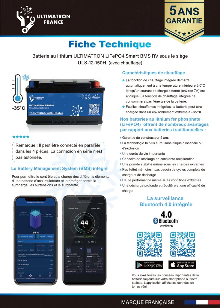 Ultimatron Batterie Lithium Sous Siège de 12.8V 150Ah LiFePO4 Smart BMS ...