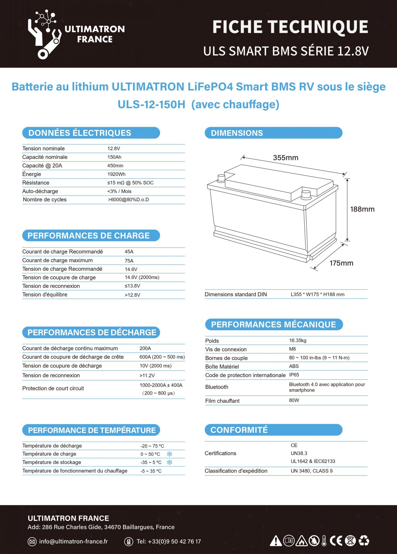 Ultimatron Batterie Lithium Sous Siège de 12.8V 150Ah LiFePO4 Smart BMS ...